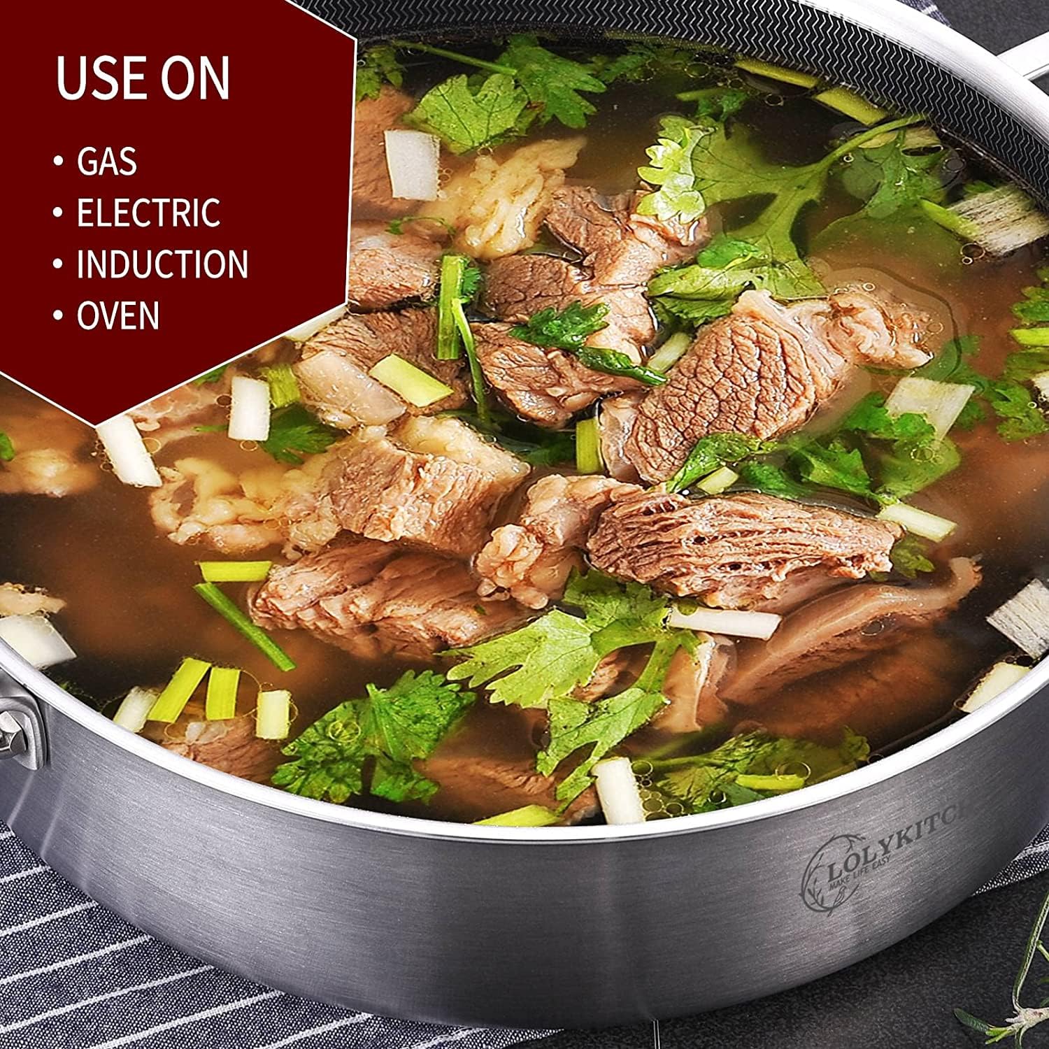 LOLYKITCH 5.5 Quarts Hybrid Tri-Ply Stainless Steel Non-Stick Deep Frying Pan,Sauté Pan with lid,Induction Large Pan, Jumbo Cooker,Heavy Duty & Oven Safe.