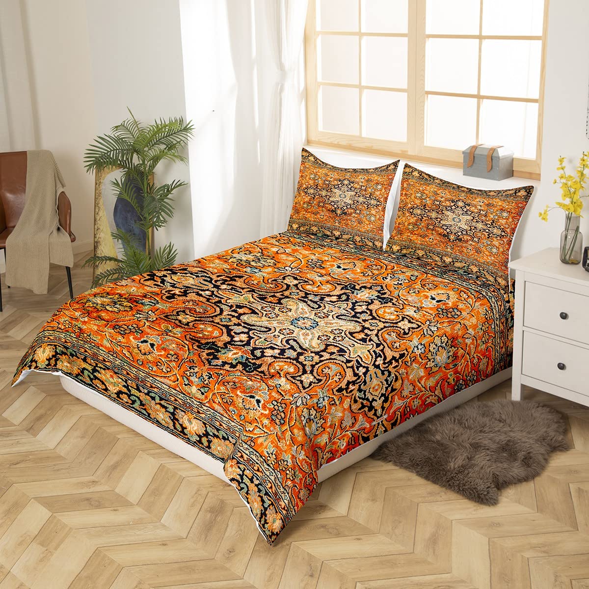 Ethnic Pattern Duvet Cover Queen, Orange Boho Bedding Set, Southwest Farmhouse Bohemian Floral Abstract Comforter Cover, Brown Geometric Exotic Tribal Flower Quilt Cover