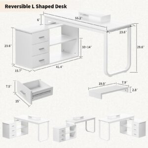 HOMBCK L Shaped Desk with Storage, White Desk Reversible L Shaped Desk with 3 Drawers and File Cabinet, Corner Desk with Hutch and Shelves, Long Computer Desk for Home Office, White