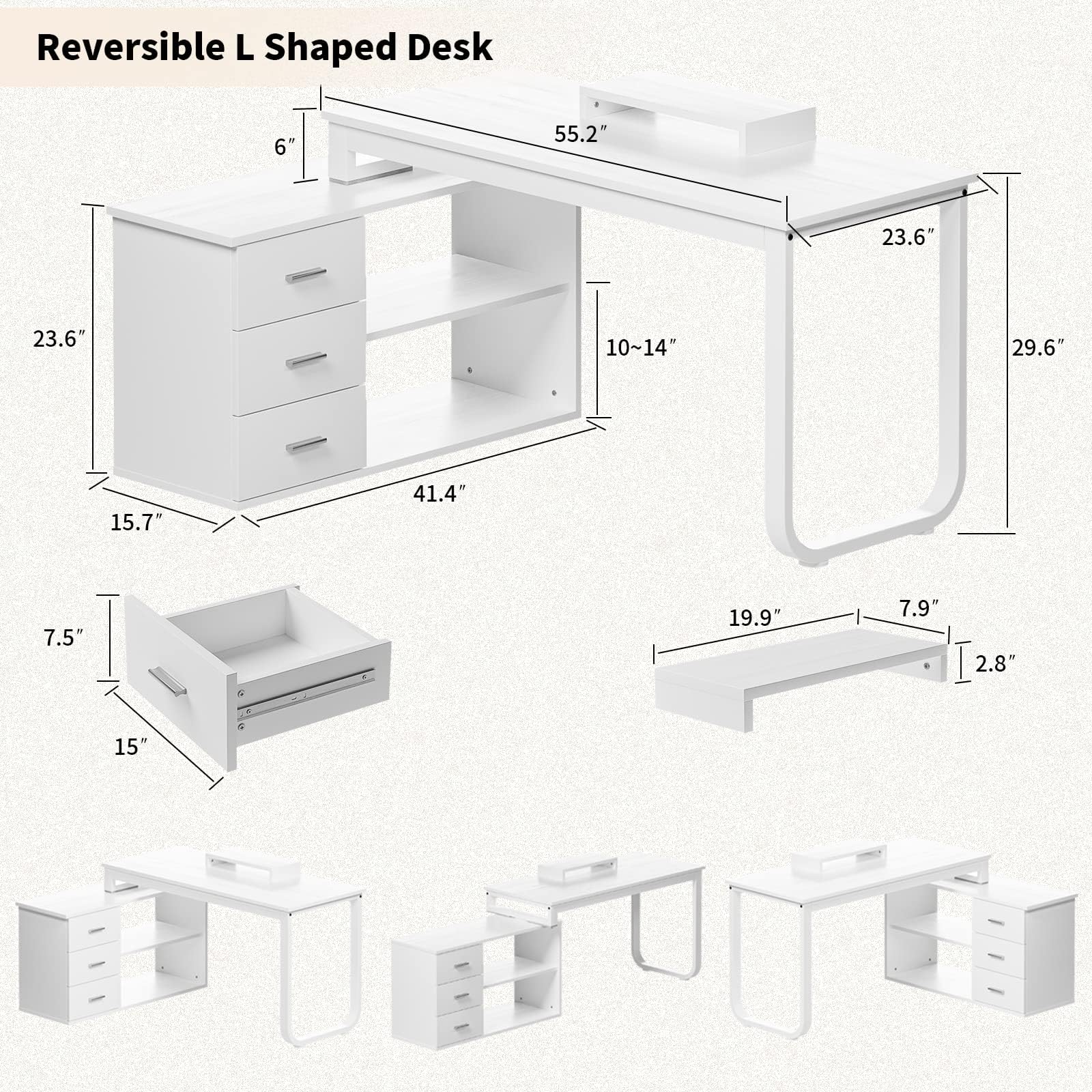 HOMBCK L Shaped Desk with Storage, White Desk Reversible L Shaped Desk with 3 Drawers and File Cabinet, Corner Desk with Hutch and Shelves, Long Computer Desk for Home Office, White