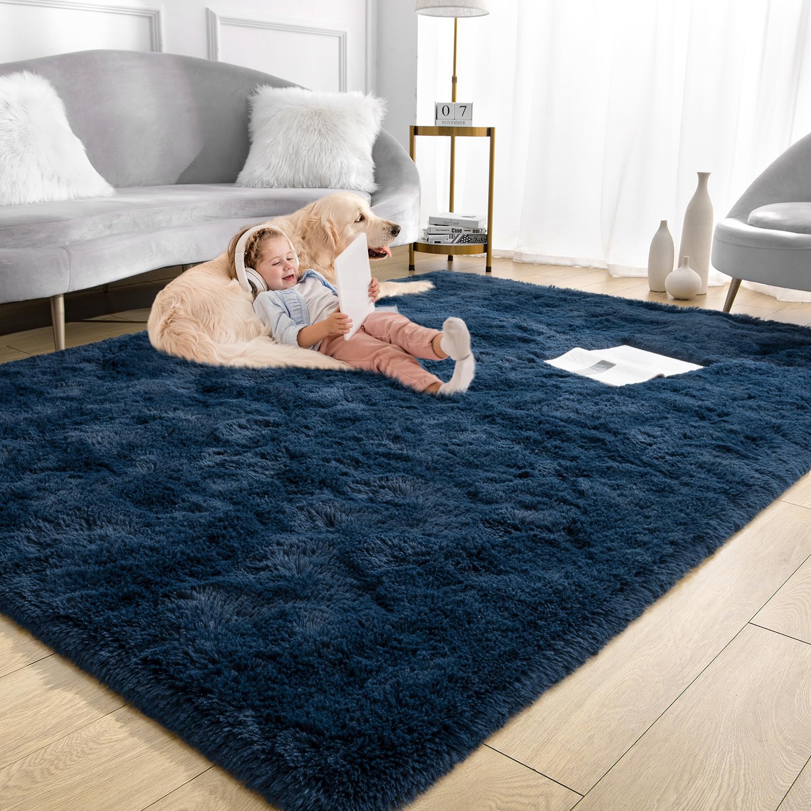 Rtizon Navy Blue Kids Area Rug for Boys Bedroom, 4x6 Feet Royal Dark Blue Shag Fluffy Rugs for Living Room Bedside Dorm Nursery, Furry Shaggy Carpet for Indoor Teen Home Decor