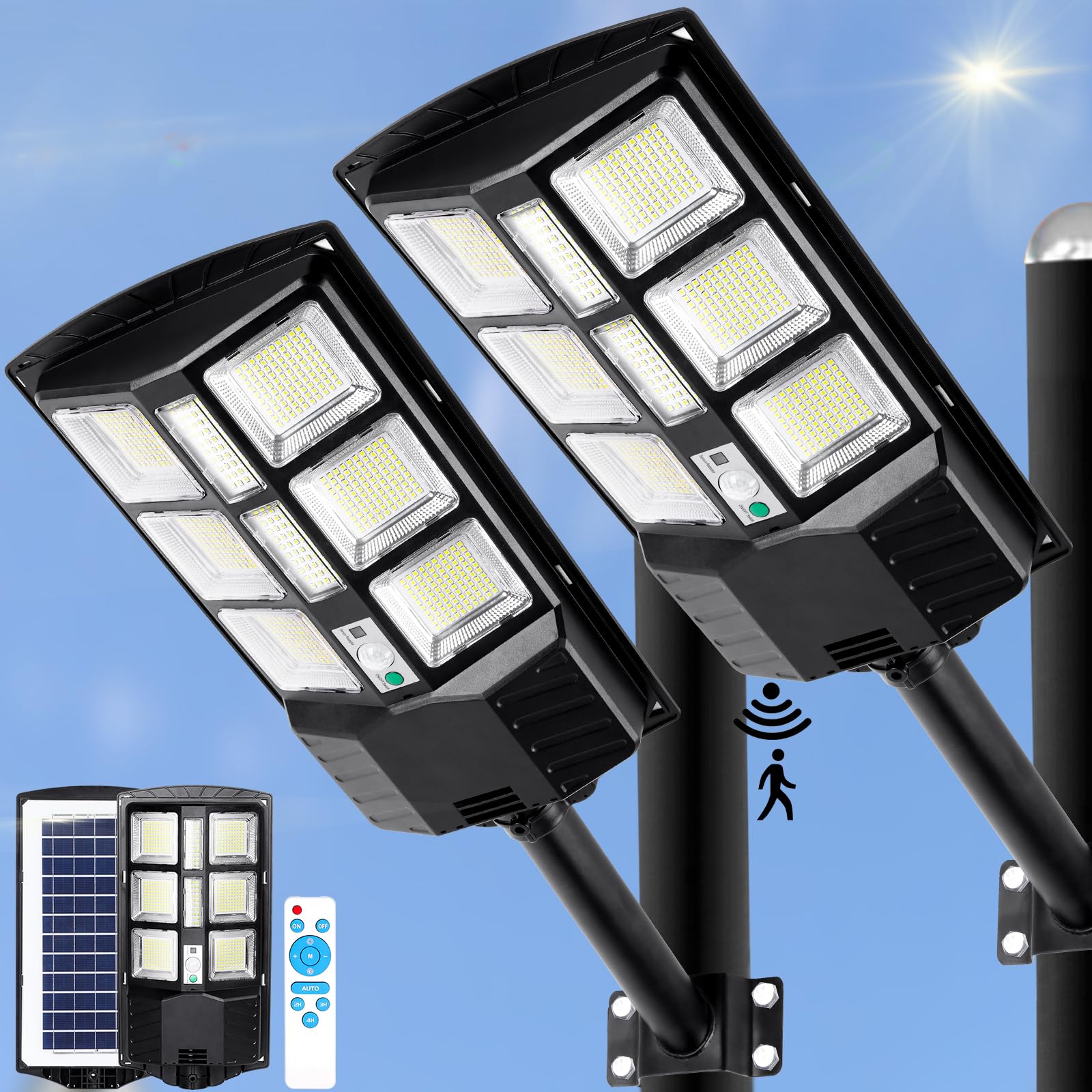 ZJOJO 2800W Solar Street Lights Outdoor Waterproof, 8000K 30000LM LED Light Solar Lights for Outside Dusk to Dawn, Solar Flood Lights with Motion Sensor and Remote Control for Parking Lot, Yard 2 Pack