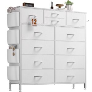 yafiti dresser for bedroom with 12 drawers, chest of drawers with side pockets and hooks, pu fabric dresser drawers for living room, hallway, entryway (white)