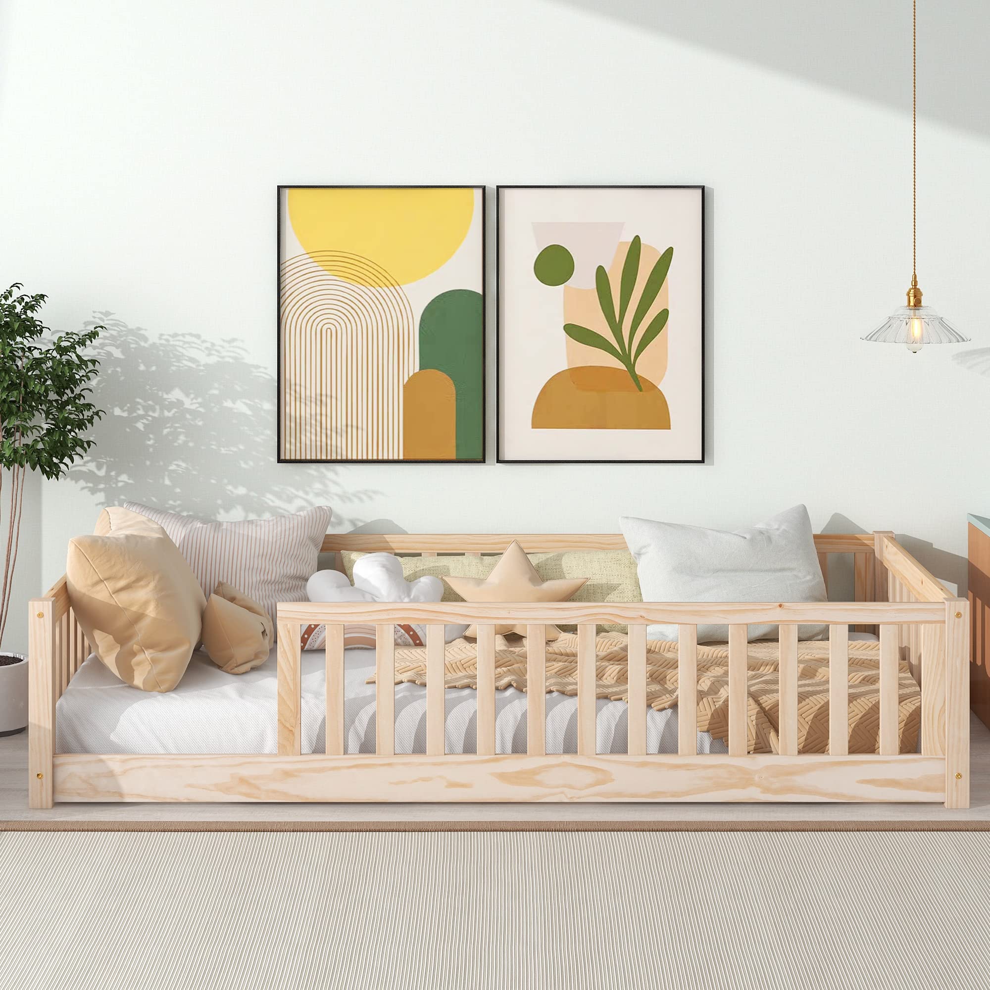 LLS Twin Floor Bed for Children, Durable Montessori Floor Bed with Sturdy Slats and Safety Fence, Solid Wood Floor Bed Frame for Girls Boys and Teens, Natural (Without Door)