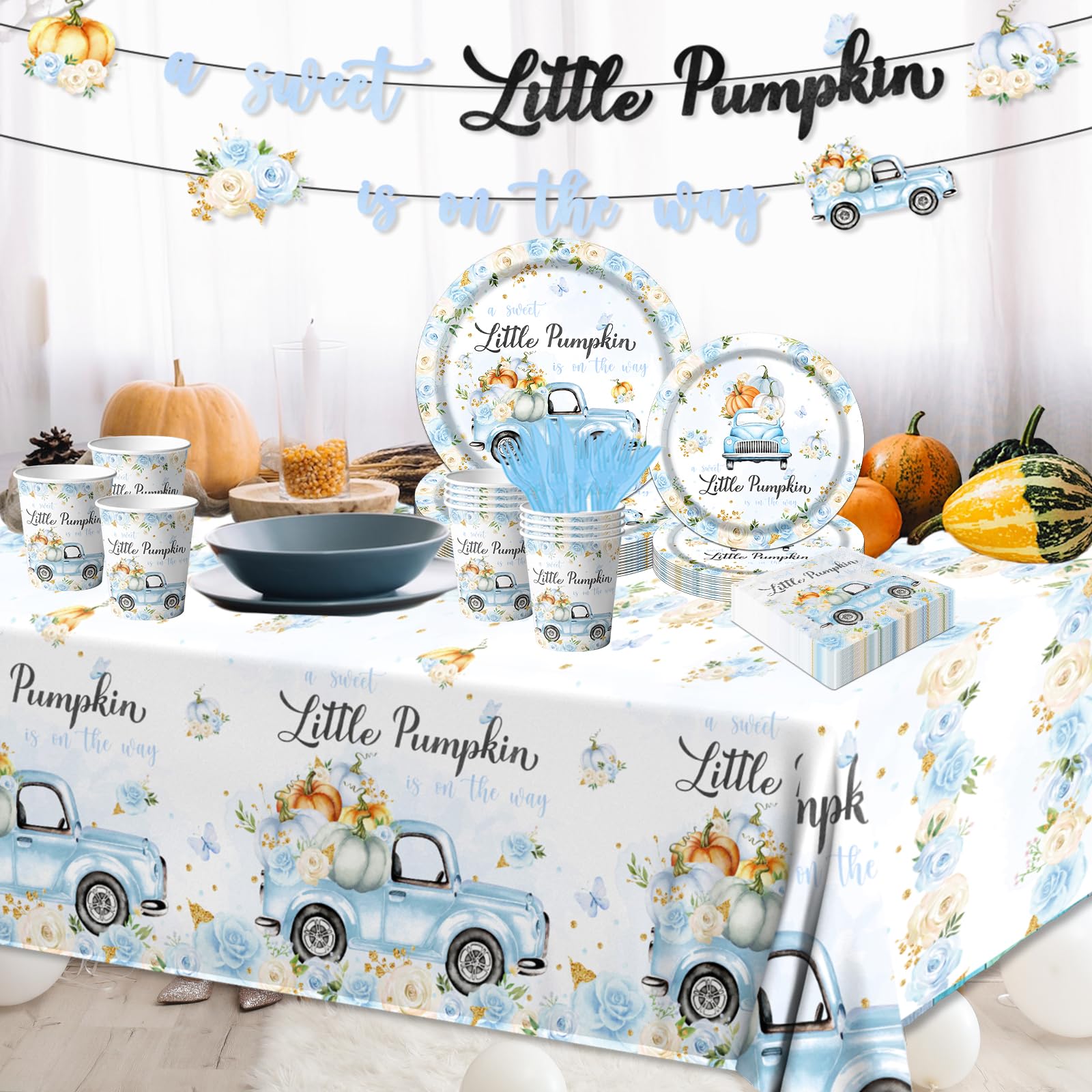 Little Pumpkin Baby Shower Decorations Tableware,142Pcs A Sweet Little Pumpkin is On The Way Boy Blue Floral Truck Disposable Tablecloth,Plates,Napkins for Autumn Fall Thanksgiving Party Supplies