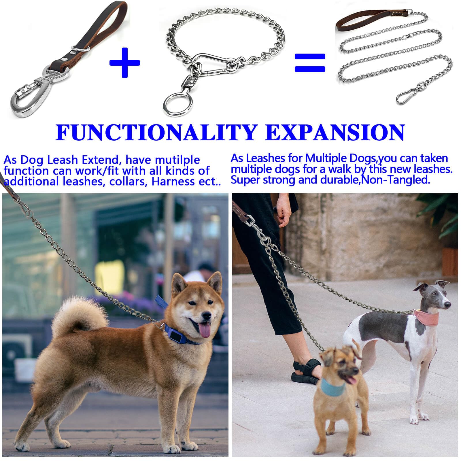 Dog Chain Collars 304 Stainless Steel Metal Chew Proof Dog Necklace Anti Winding Dog Leash Extension Lead for Small Medium Large Dogs Training and Walking. (Small：18in x 2.5mm(Neck max 16in))