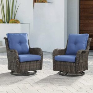 patio chairs rocking swivel chair - 2 piece wicker rocker chairs set with high back and deep seating for outdoor outside deck porch garden(brown wicker/blue cushion)