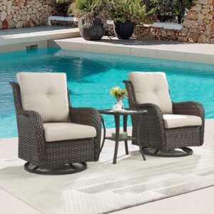 3 Pieces Patio Bistro Set - Outdoor Wicker Rocking Swivel Chairs Set with 2 Swivel Chairs and 1 Glass Top Side Table for Outside Deck Porch Garden(Brown Wicker/Beige Cushion)