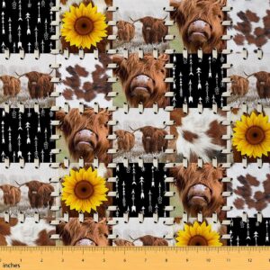 highland cow fabric by the yard kids boys girls sunflower cowhide print decorative waterproof outdoor fabric farmhouse cow fur print upholstery fabric for chairs boho arrow animal diy fabric, 1 yard