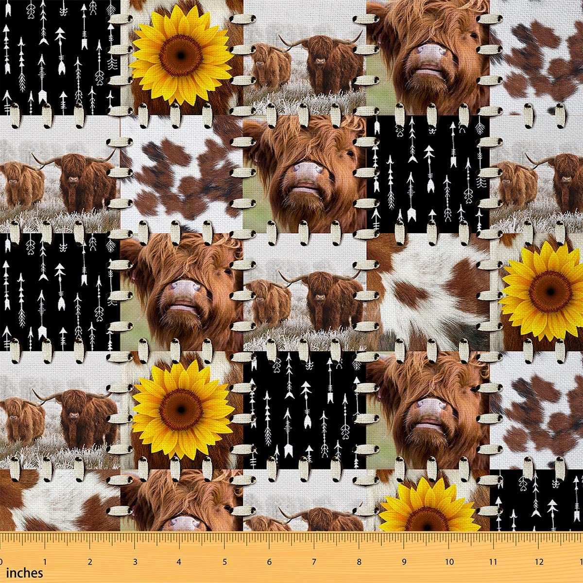 Highland Cow Fabric by The Yard Kids Boys Girls Sunflower Cowhide Print Decorative Waterproof Outdoor Fabric Farmhouse Cow Fur Print Upholstery Fabric for Chairs Boho Arrow Animal DIY Fabric, 1 Yard