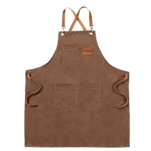 funchaos brown canvas aprons, work aprons for men women, chef aprons with adjustable strap and 3 pockets, apron for servers kitchen cooking baking artist painting, cross back