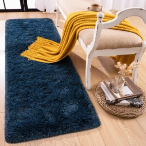 rtizon soft shag runner rug for bedroom, 2x6 feet fluffy rugs with non-slip bottom for hallway bedside living room dorm, furry area rug for indoor home decor, navy blue