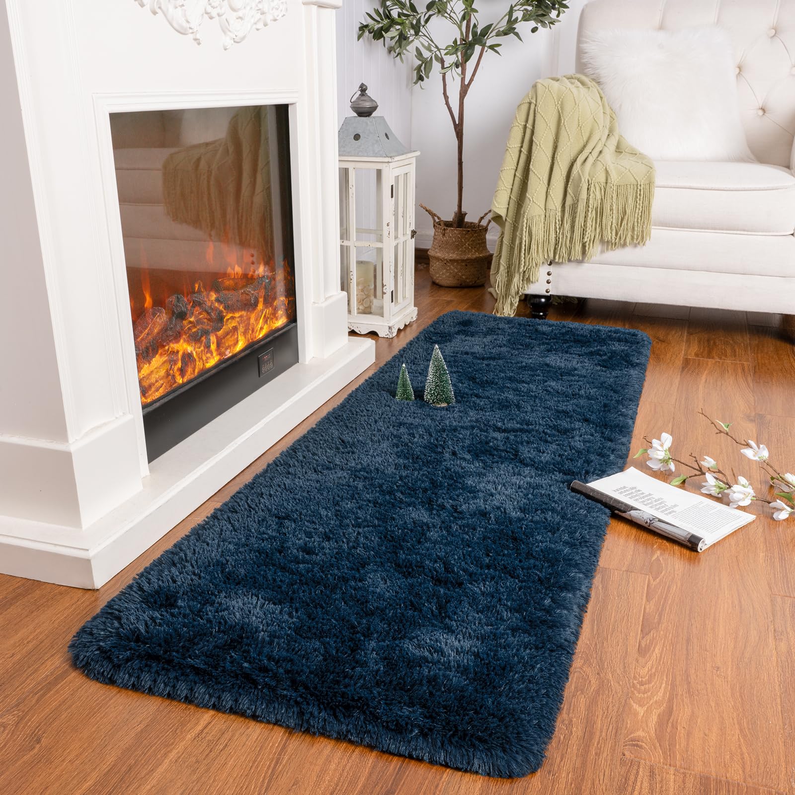 Rtizon Soft Shag Runner Rug for Bedroom, 2x6 Feet Fluffy Rugs with Non-Slip Bottom for Hallway Bedside Living Room Dorm, Furry Area Rug for Indoor Home Decor, Navy Blue