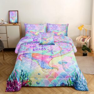 rowadalo 6 pieces mermaid scale glitter comforter set fish scale shell starfish girls bedding set,gradient rainbow mermaid tail bed in a bag queen size complete set for girls bedroom,mry502-queen