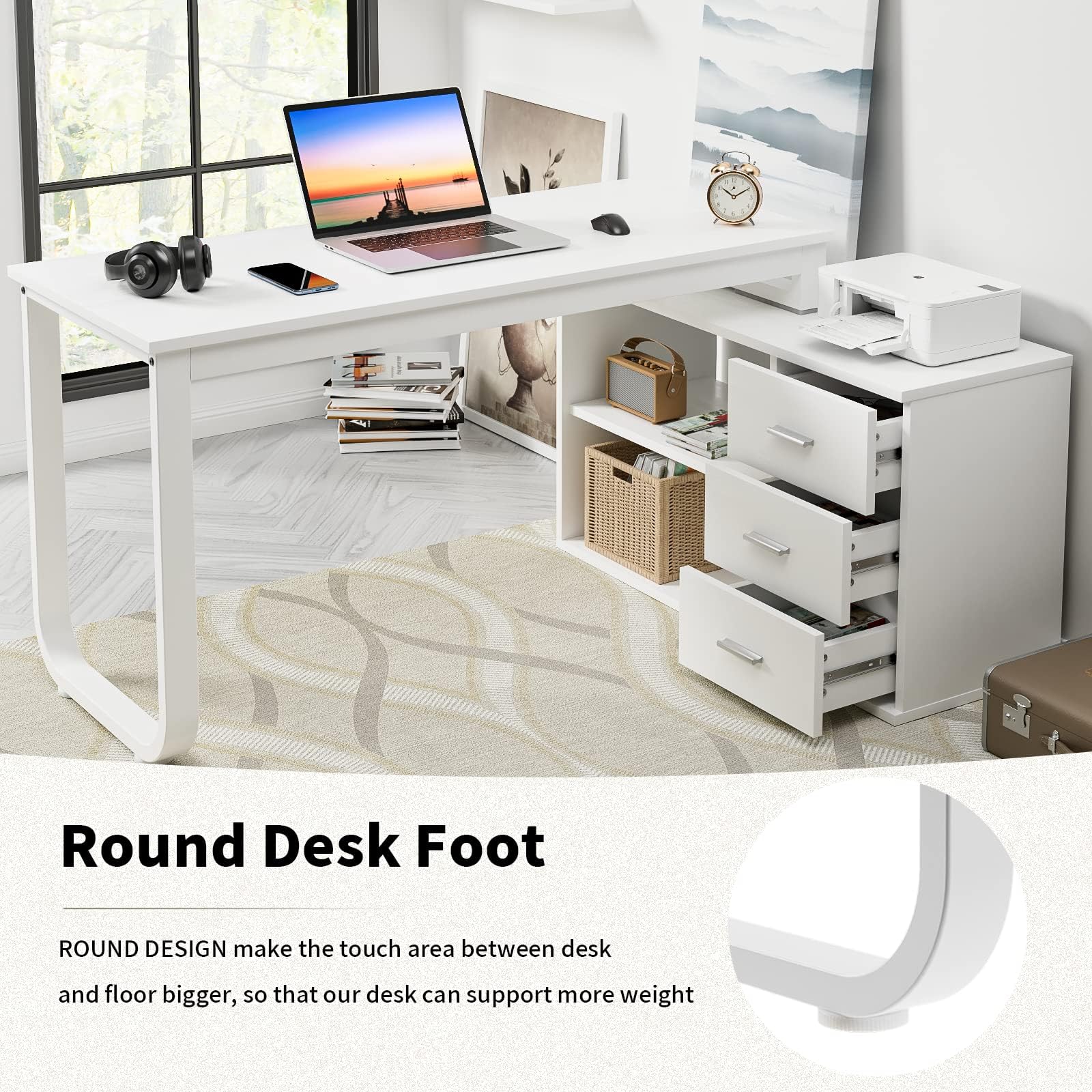 HOMBCK L Shaped Desk with Storage, White Desk Reversible L Shaped Desk with 3 Drawers and File Cabinet, Corner Desk with Hutch and Shelves, Long Computer Desk for Home Office, White