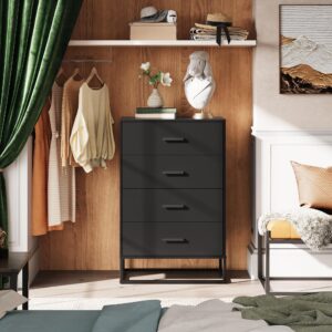 WLIVE Wood Dresser for Bedroom with 4 Drawers, Chest of Drawers, Tall Dresser Drawers with Sturdy Metal Frame for Hallway, Living Room, Closet, Black