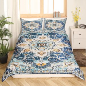 erosebridal boho bedding set queen, teal blue mandala duvet cover for men women, retro yellow floral exotic bohemian tribal comforter cover, vintage antique damask quilt cover