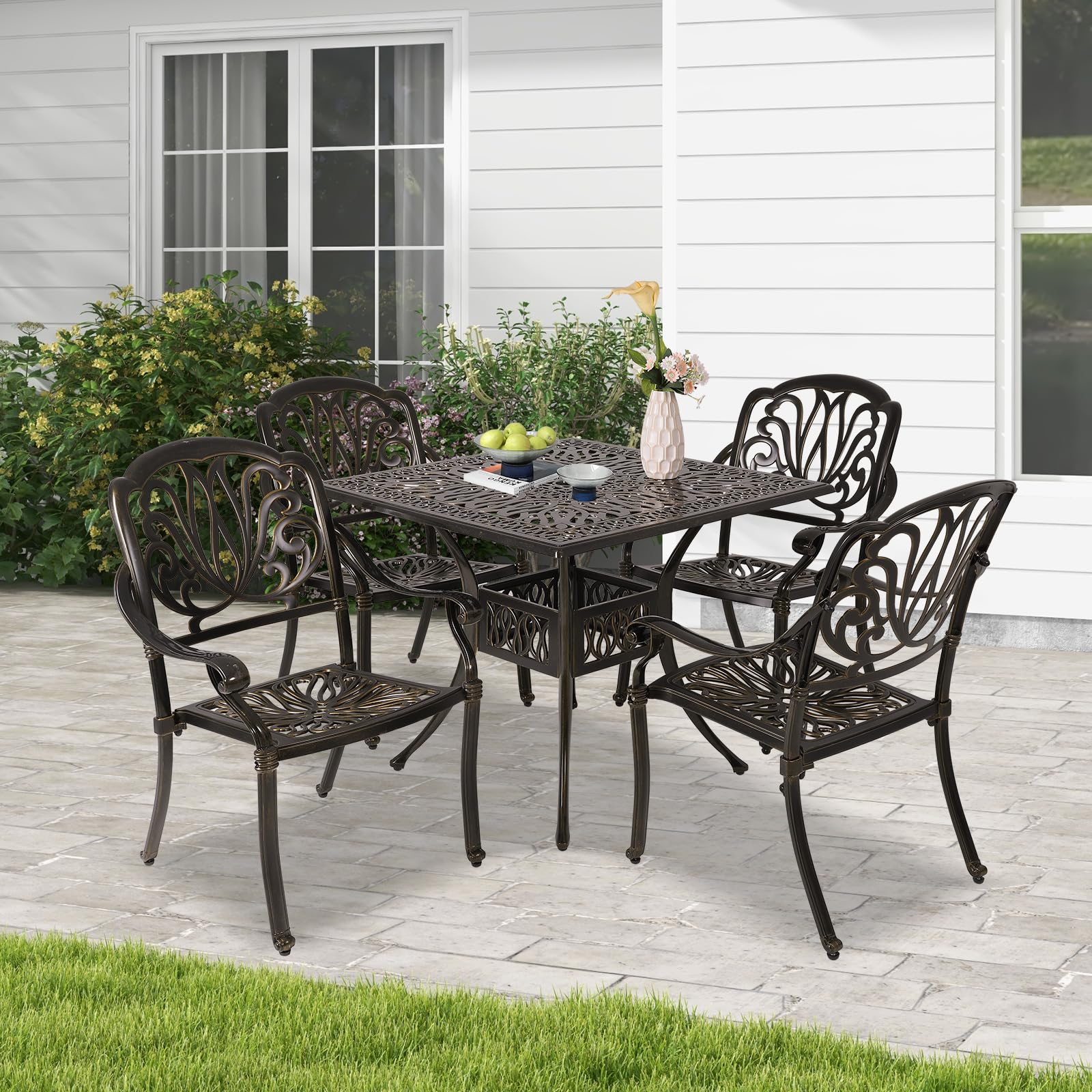 Sumshadow 5-Piece Cast Aluminum Outdoor Patio Dining Set, All Weather Cast Aluminum Outdoor Furniture Dining Set for Patio, Balcony, Lawn, Garden, Backyard w/4 Chairs and Cushions, 2.0" Umbrella Hole