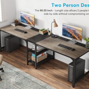 Tribesigns 90.55'' 2 Person Desk with Storage Shelves, Double Computer Desk with Spacious Desktop, Extra Long Study Writing Table Workstation for Home Office (Black & Gray)