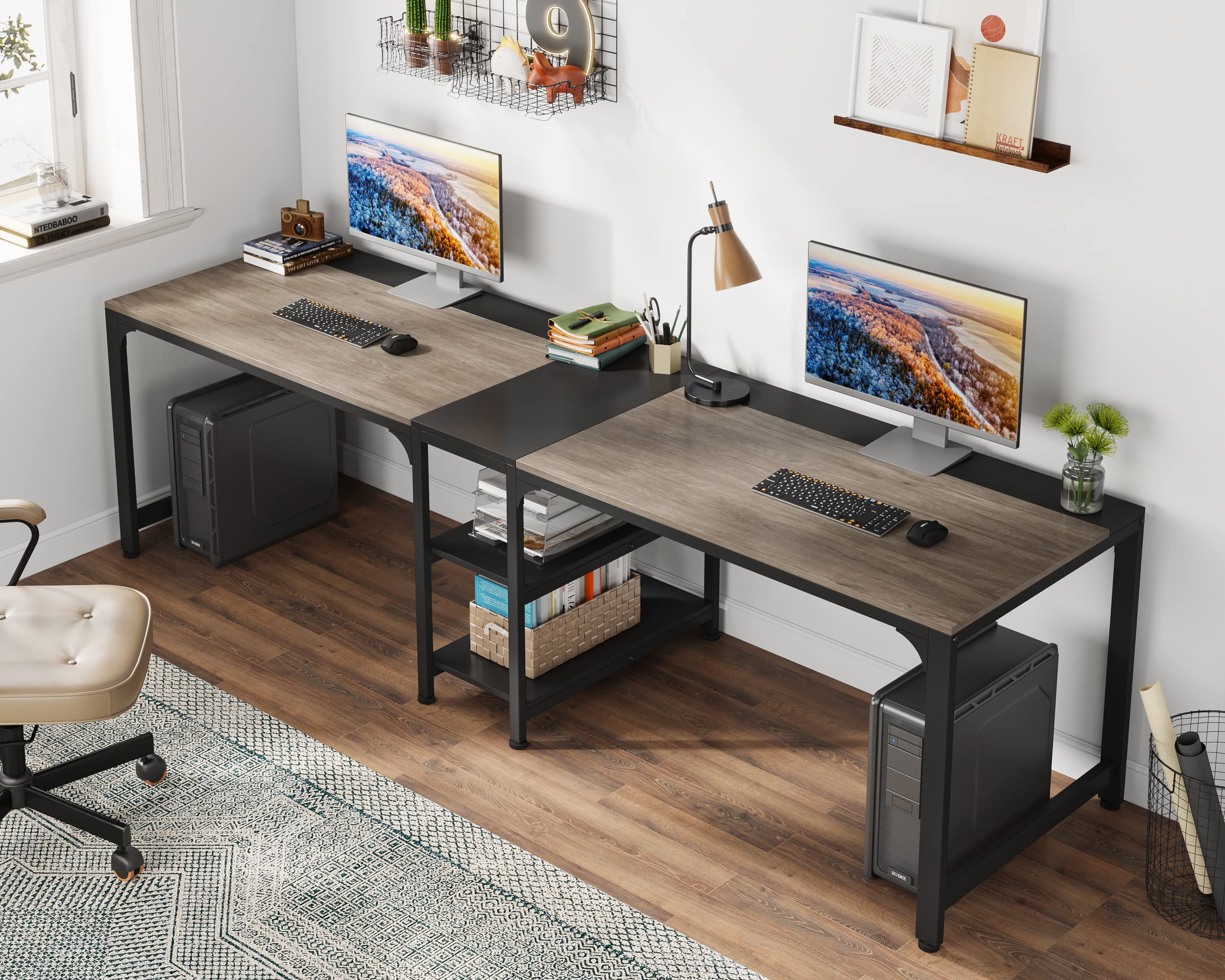 Tribesigns 90.55'' 2 Person Desk with Storage Shelves, Double Computer Desk with Spacious Desktop, Extra Long Study Writing Table Workstation for Home Office (Black & Gray)