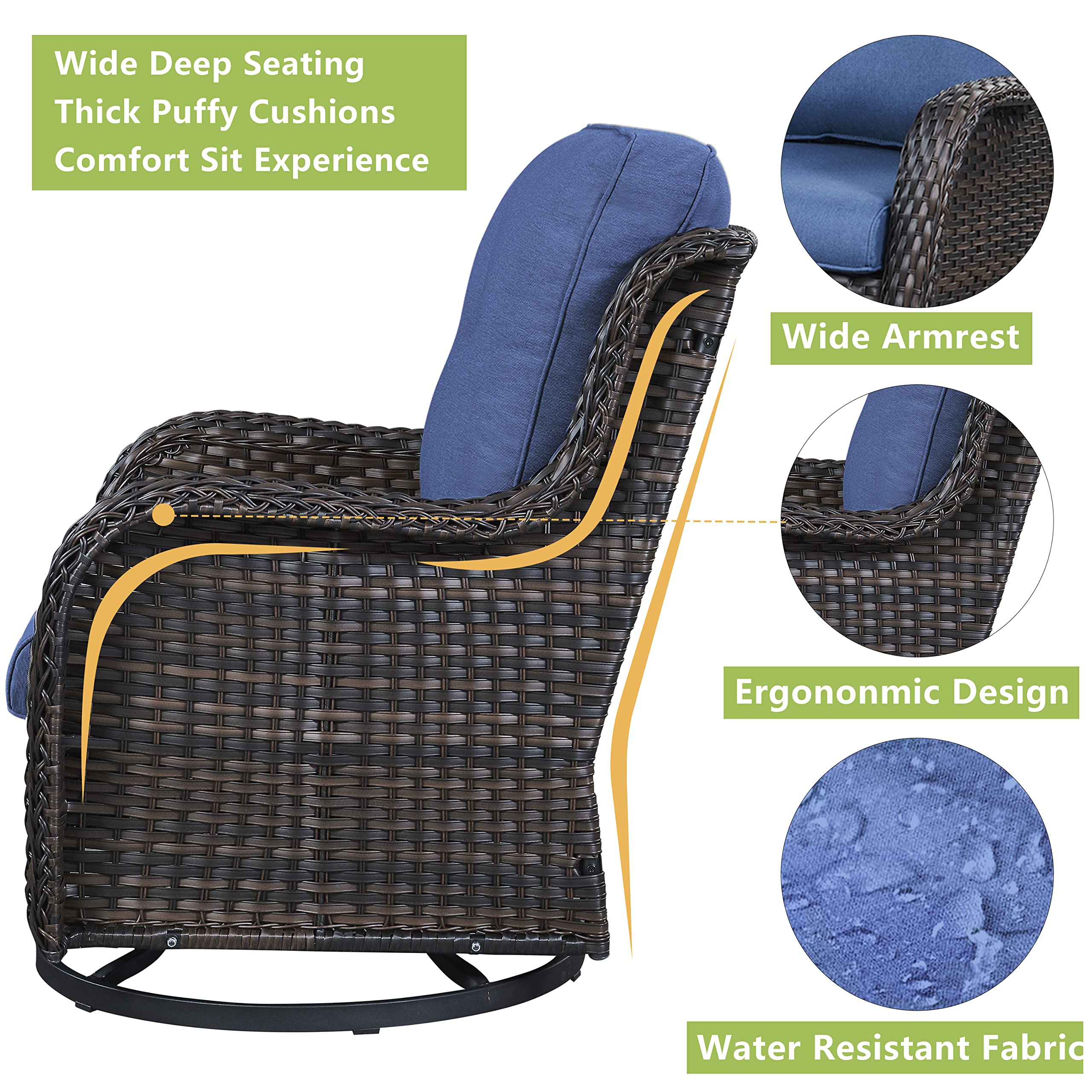 Patio Chairs Rocking Swivel Chair - 2 Piece Wicker Rocker Chairs Set with High Back and Deep Seating for Outdoor Outside Deck Porch Garden(Brown Wicker/Blue Cushion)