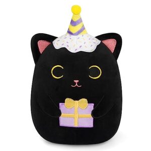 leokawin black cat plush,8in birthday stuffed animal cat plush, happy birthday black cat plush pillow, soft cute cat plush birthday plush for kids girls boys