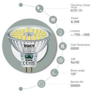 WSMCN MR16 GU5.3 LED Bulbs, Daylight Bright Cool White 6000K 700 Lumens Lamp, Non-dimmable, 6.5W Equivalent to 60W Halogen, AC/DC 12V LED Spotlight Bulb, 120° Beam Angle, Pack of 6