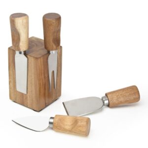 acacia wood cheese knife set of 4 - stainless steel with magnet - knives and block - cheese knife, cheese fork, heart knife, shovel