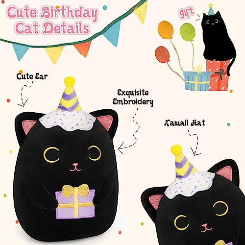 Leokawin Black Cat Plush,8in Birthday Stuffed Animal Cat Plush, Happy Birthday Black Cat Plush Pillow, Soft Cute Cat Plush Birthday Plush for Kids Girls Boys