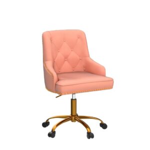 LOVSPATIO Velvet Home Office Chair,Swivel Adjustable Accent Vanity Chair with Golden Legs and Arms Nailhead Trim for Bedroom Living Room Office (Pink)