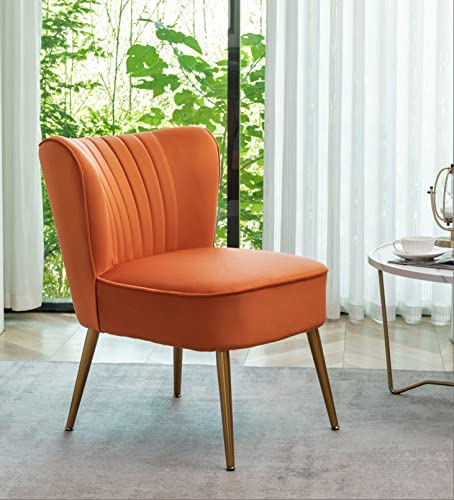 US Pride Modern Furniture Velvet Accent Chair for Living Room, Bedroom, or Entryway - Stylish and Comfortable Armless Design with Metal Legs, Orange Red