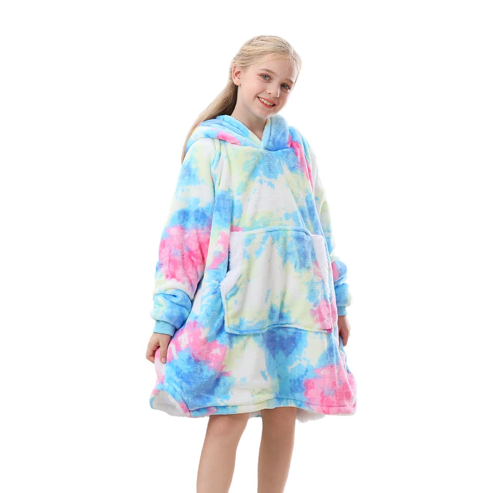 Topblan Blanket Hoodie for Kids Girls Boys Teens, Oversized Flannel & Sherpa Blanket with Hood Pocket and Sleeves, Cozy Warm Hoodie Blanket, Blue Purple