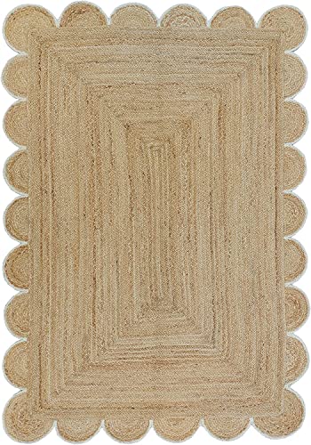 RAJPUTANA Rug Weaving Village Scalloped Natural Jute Area Rug, Hand Woven Classic Rug Kitchen Rugs, Rugs for Living & Bedroom (Off White, 2'6''x6')