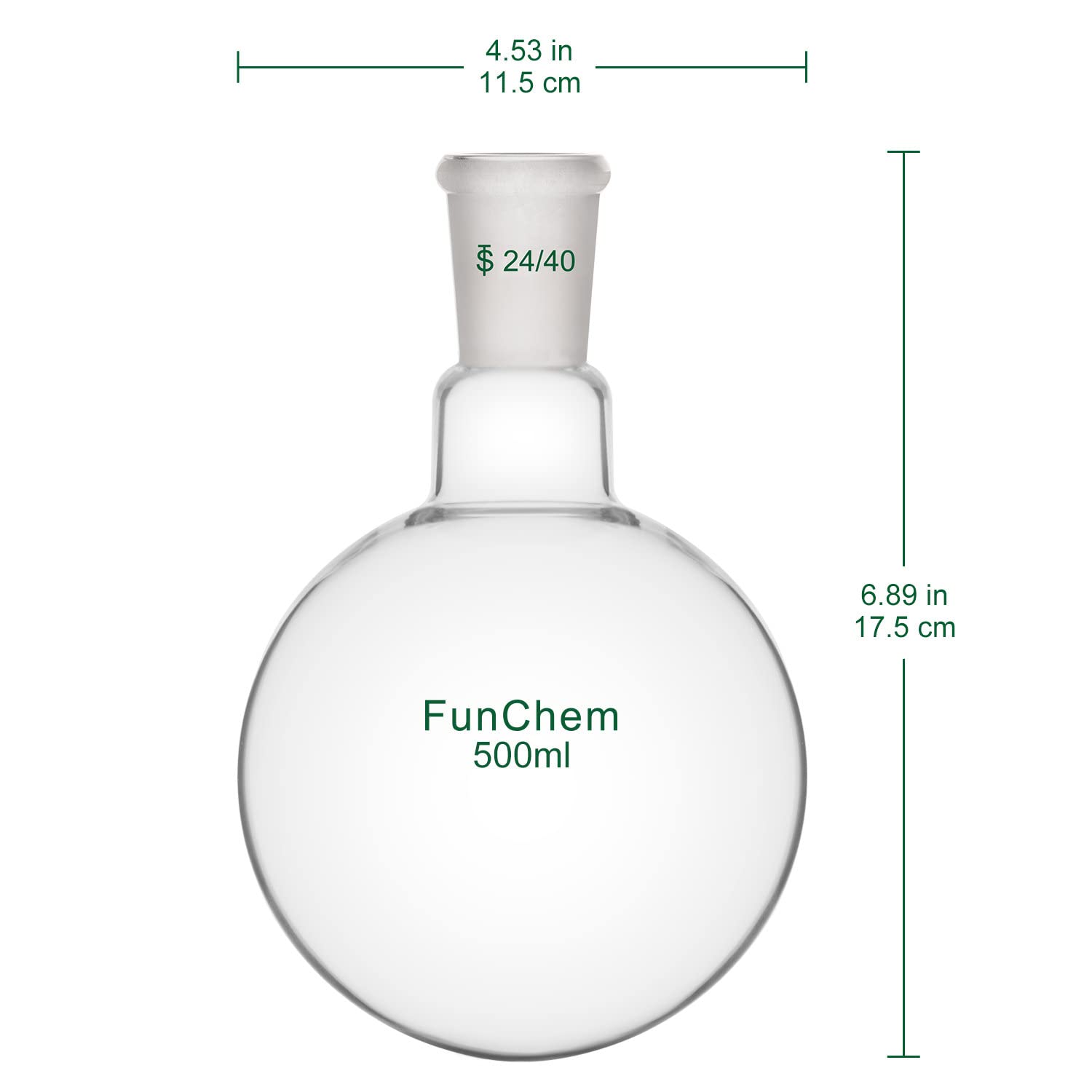 FunChem Single Neck 1 Neck Round Bottom Flask RBF, Glass Boiling Flask with 24/40 Standard Taper Outer Joint, 500 ml