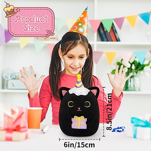 Leokawin Black Cat Plush,8in Birthday Stuffed Animal Cat Plush, Happy Birthday Black Cat Plush Pillow, Soft Cute Cat Plush Birthday Plush for Kids Girls Boys