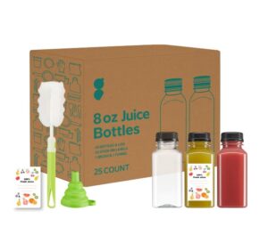 comfy package [8 oz. - 25 count reusable plastic juice bottles with caps, labels, brush, and silicone funnel - clear plastic bottles with caps, juice containers with lids, for all beverages