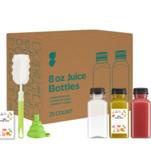 Comfy Package [8 oz. - 25 Count Reusable Plastic Juice Bottles With Caps, Labels, Brush, and Silicone Funnel - Clear plastic Bottles with Caps, Juice Containers with lids, for All Beverages