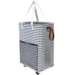 hicharmcci laundry hamper, wheeled collapsible clothes hampers for laundry, large 82l, dark blue strips, sturdy oxford fabric, mesh closure, portable handle, transparent window