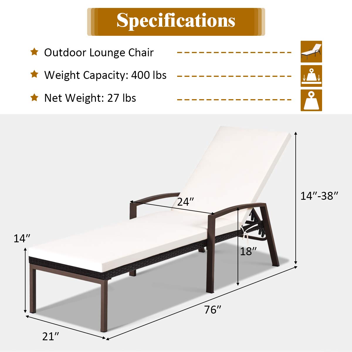 COSTWAY 2PCS Rattan Lounge Chair Outdoor, Patio Wicker Chaise Lounge with 5-Position Adjustable Backrest, Soft Cushion & Arm Rest, Pool Recliner Set of 2 for Poolside, Deck, Backyard (White)