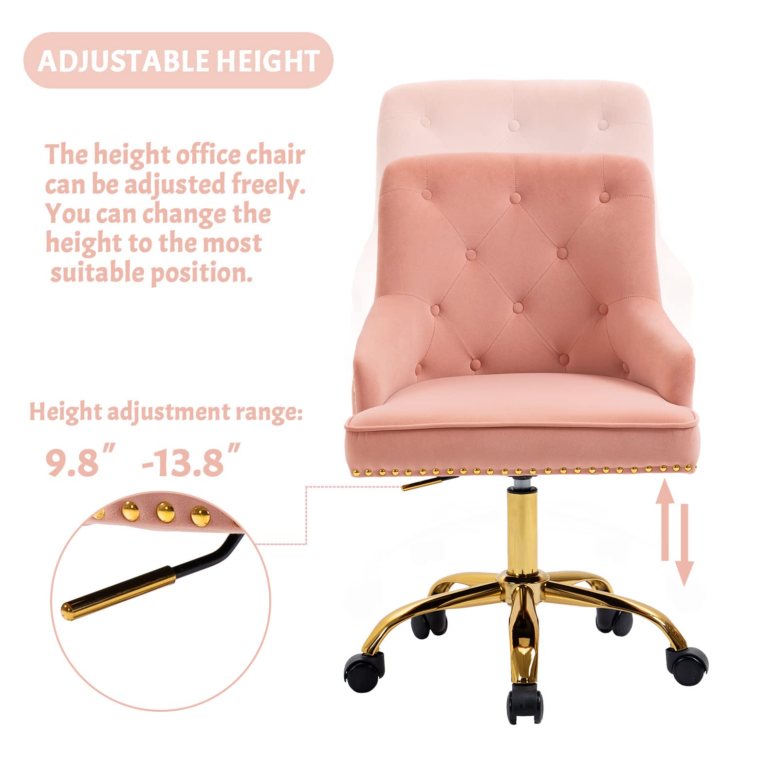 LOVSPATIO Velvet Home Office Chair,Swivel Adjustable Accent Vanity Chair with Golden Legs and Arms Nailhead Trim for Bedroom Living Room Office (Pink)