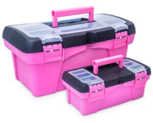 pink power pink tool box for women - sewing, art & craft organizer box small & large plastic tool box with handle - pink toolbox sewing box tool storage box - portable mini locking tool boxes (2 pack)