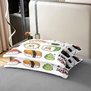 100% Natural Cotton Sushi Pattern Bedding Set Twin, Japanese Style Duvet Cover, Food Theme Comforter Cover Set For Kids Boys Girls Teens, Cute Cartoon Japanese Sushi Bedding Room Decorative