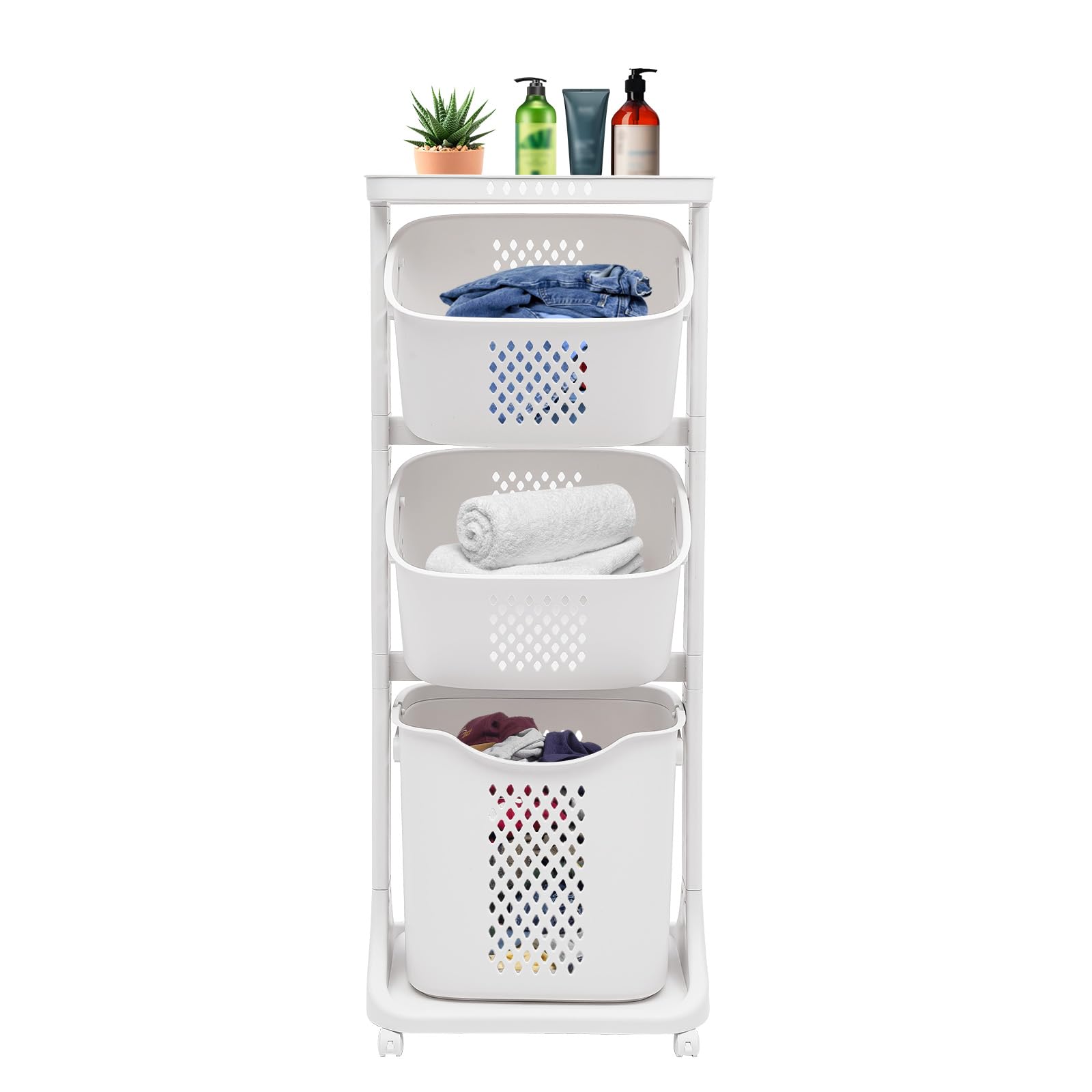 LINISHOP 3-Tier Laundry Basket Free Standing Dirty Clothes Storage Basket Organizer Shelf Household Kitchens Bathrooms 360° Rolling With Four Universal Wheels PP White New