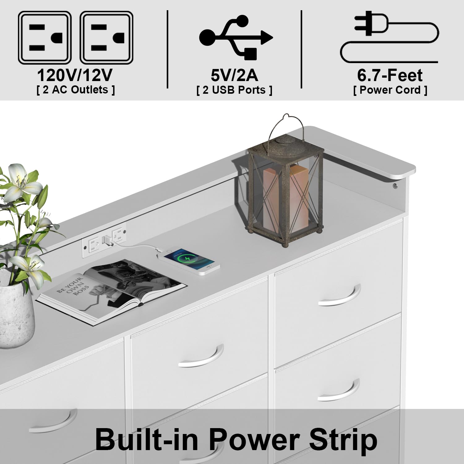 EXOTICA White Dresser with LED Light for Bedroom 9 Drawer Dressers with Charging Station Chests of Drawers for Entryway Closet Living Room Hallway Sturdy Steel Frame Wooden Top Easy Pull Handle