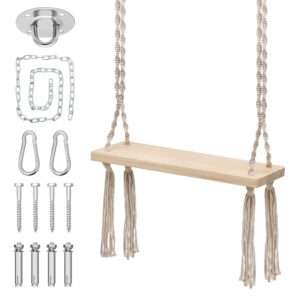 monibloom wooden swing with tassels, outdoor swing seat for adults with 350 lbs capacity, backyard adjustable rope swing for tree, indoor/outdoor hanging wood swing sets for patio garden playground