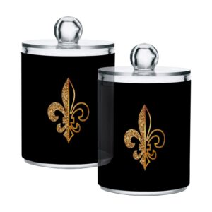 quteprint 2 pack qtip holder dispenser, gold black fleur de lis floral clear plastic jar bathroom canister storage for cotton swab, cotton ball, floss picks, hair clips, makeup sponges