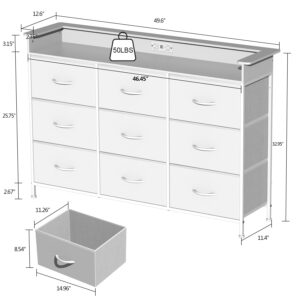 EXOTICA White Dresser with LED Light for Bedroom 9 Drawer Dressers with Charging Station Chests of Drawers for Entryway Closet Living Room Hallway Sturdy Steel Frame Wooden Top Easy Pull Handle