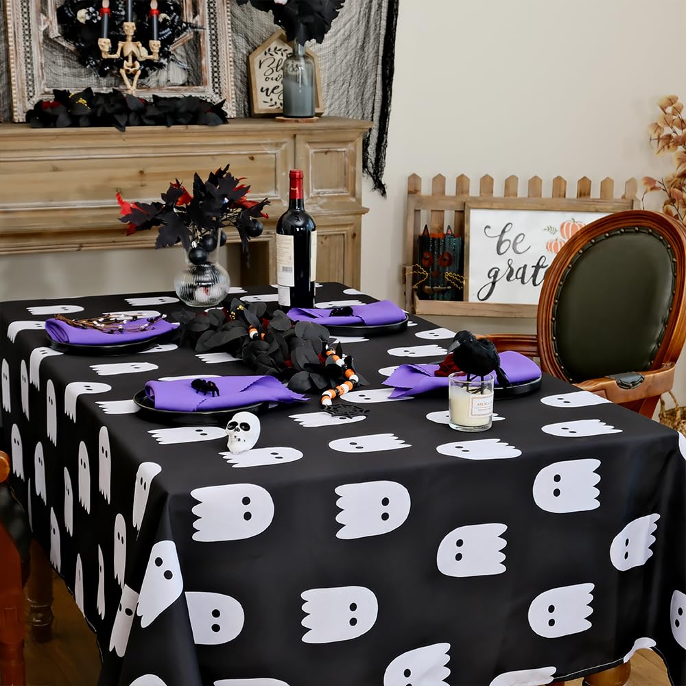 GEEORY Halloween Ghost Tablecloth, 60 x 84 Inch Rectangle Black and White Spooky Holiday Decorative Table Cover, Decoration for Kitchen Dinning Indoor Outdoor Dinner Party GTC030-84