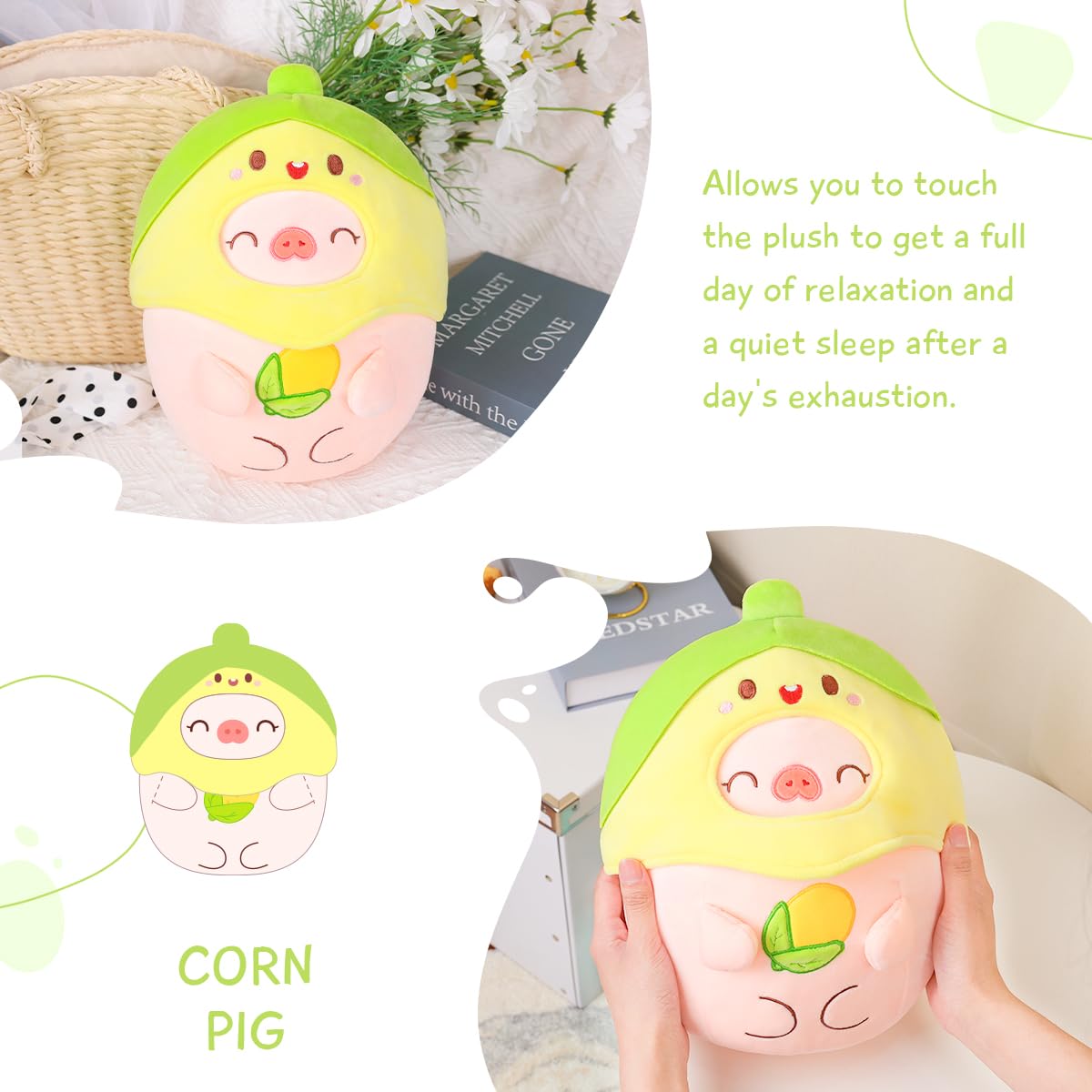 AIXINI Cute Corn Pig Plush Pillow 10" Piggy Stuffed Animal, Soft Kawaii Pig Plushie with Food Outfit Costume, Hugging Plush Squishy Pillow Toy for Kids