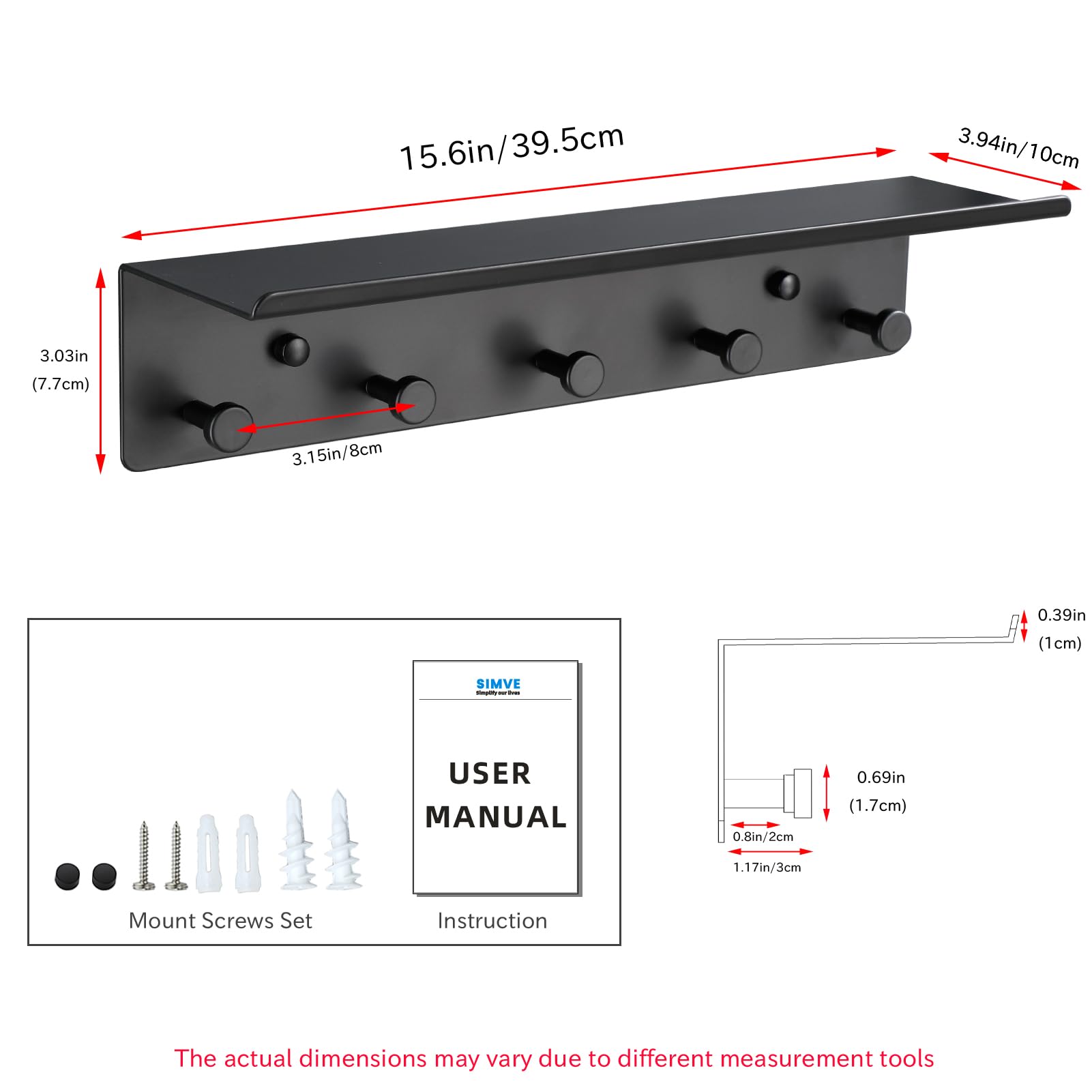 SIMVE Bathroom Towel Rack Wall Mounted, Rustproof Aluminium Shelf with 5 Bath Robe Hook, Decor Display Storage, Hanging Hanger for Hat, Key, Bag Holder